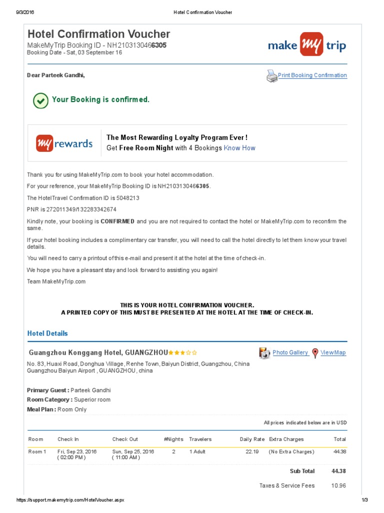 Hotel Confirmation Voucher[1] | Credit Card | Hotel