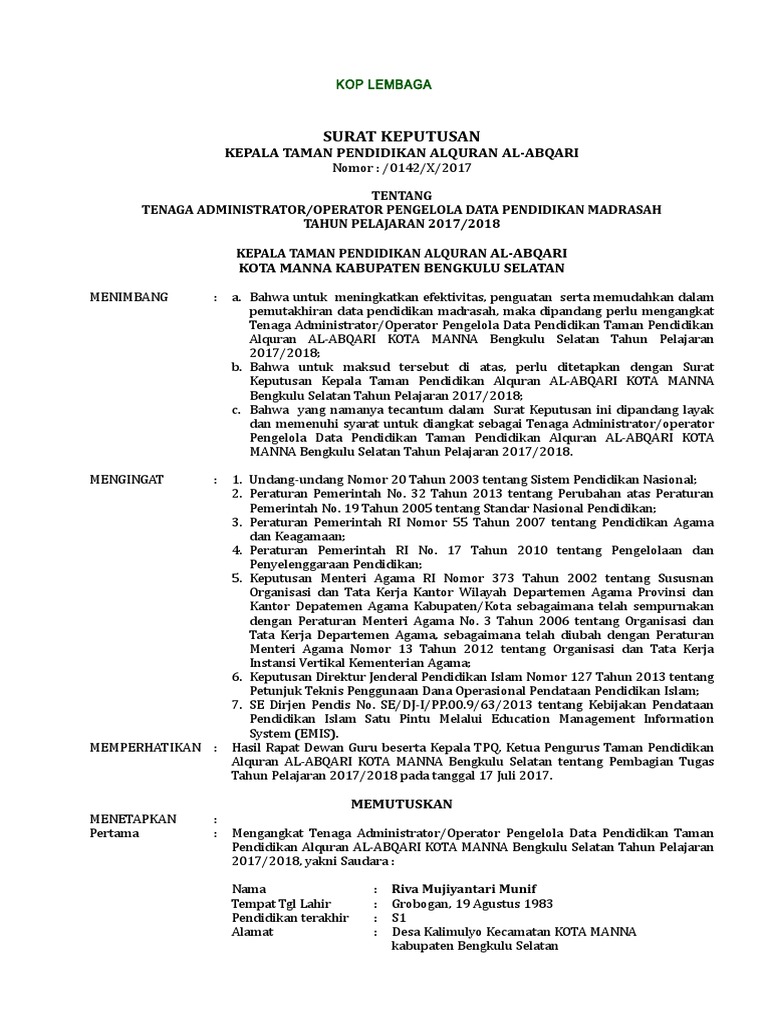 Contoh SK Operator TPQ | PDF