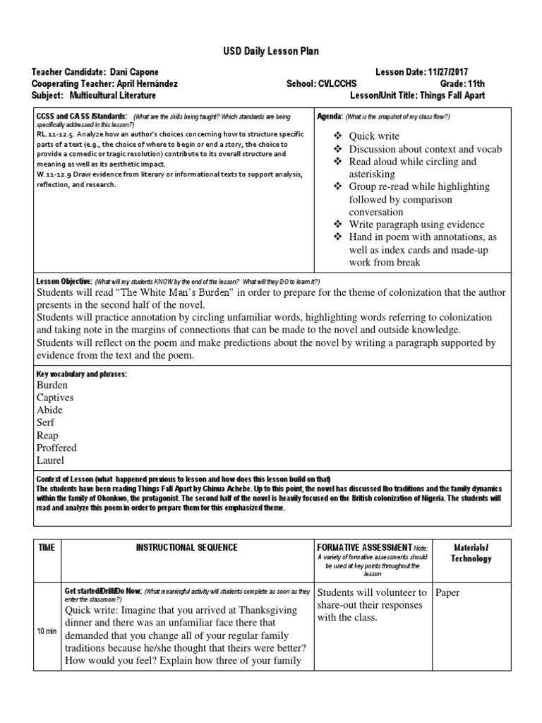 USD Daily Lesson Plan: Time Instructional Sequence Formative Assessment ...