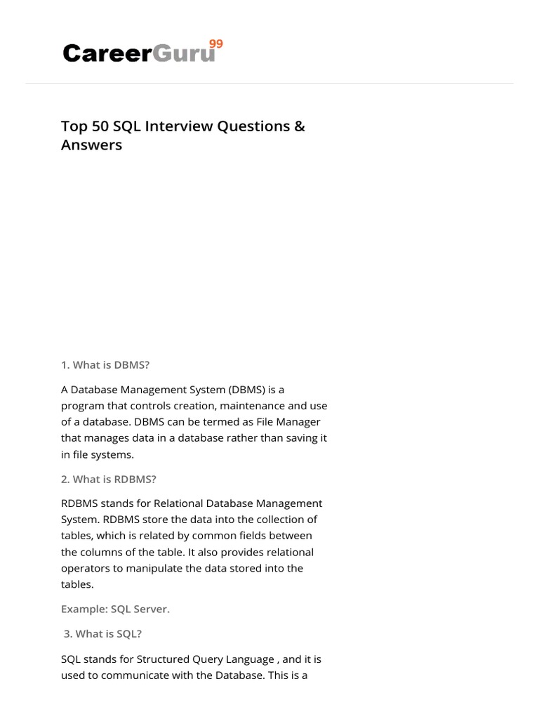 Top 50 Sql Interview Questions And Answers Pdf Database Index Relational Database