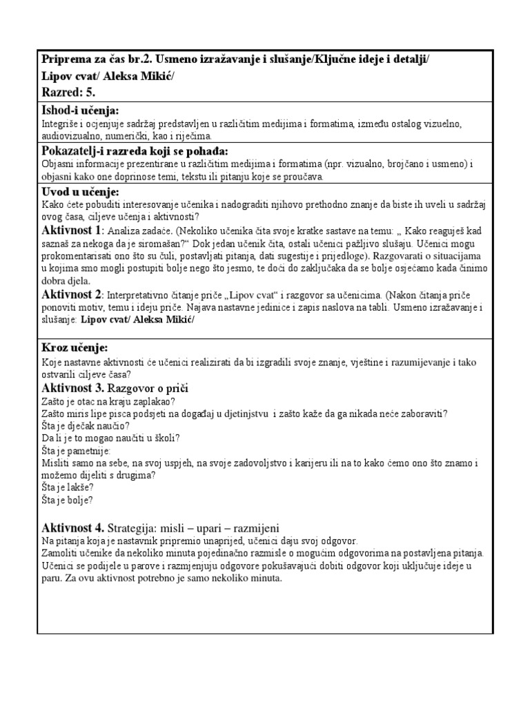 Priprema Za Čas Br.2.usmeno Izražavanje I Slušanje-Ključne Ideje I Detalji - Lipov Cvat - Aleksa ...