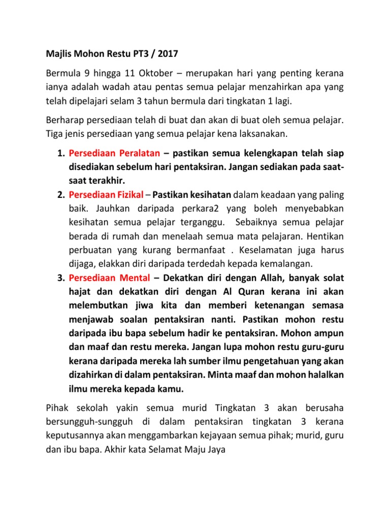 Ucapan Majlis Mohon Restu PT3 | PDF
