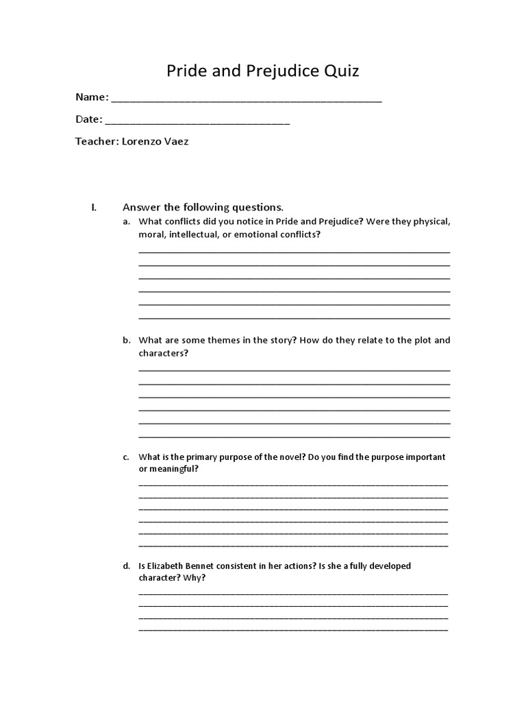 Pride and Prejudice Quiz | Download Free PDF | Pride And Prejudice | Mr ...