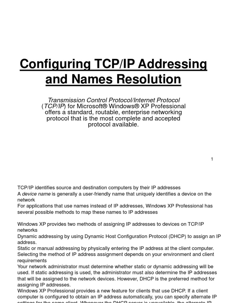 Configuring TCP/IP Addressing and Names Resolution: Transmission ...