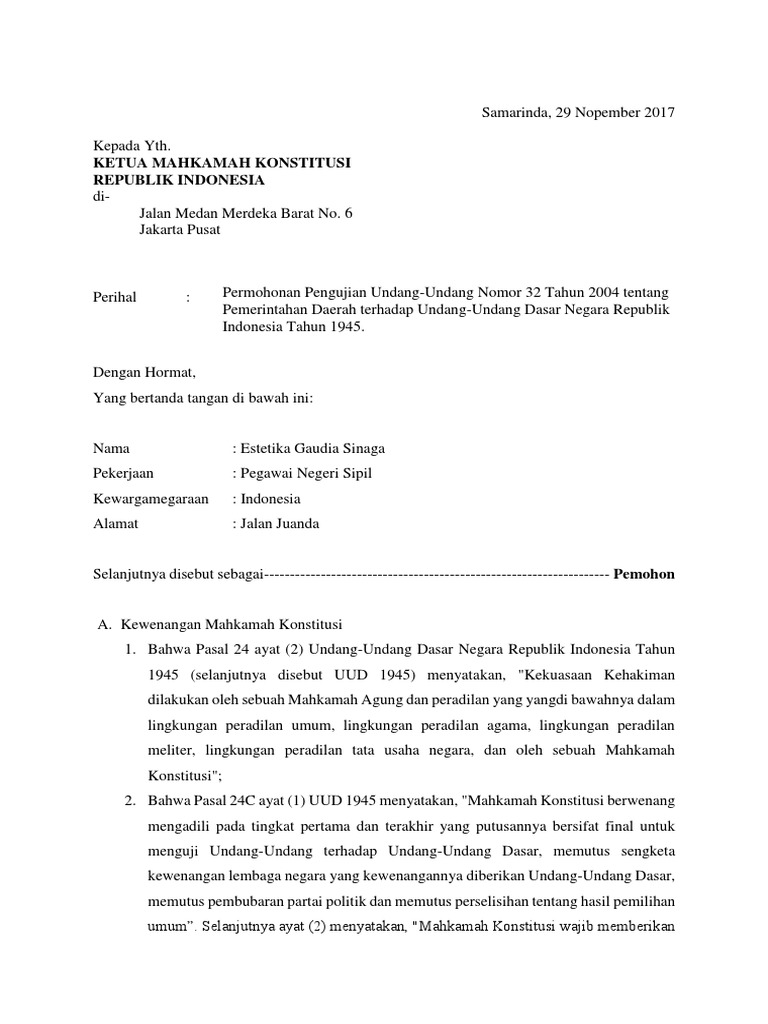 Surat Permohonan Mahkamah Konstitusi | PDF