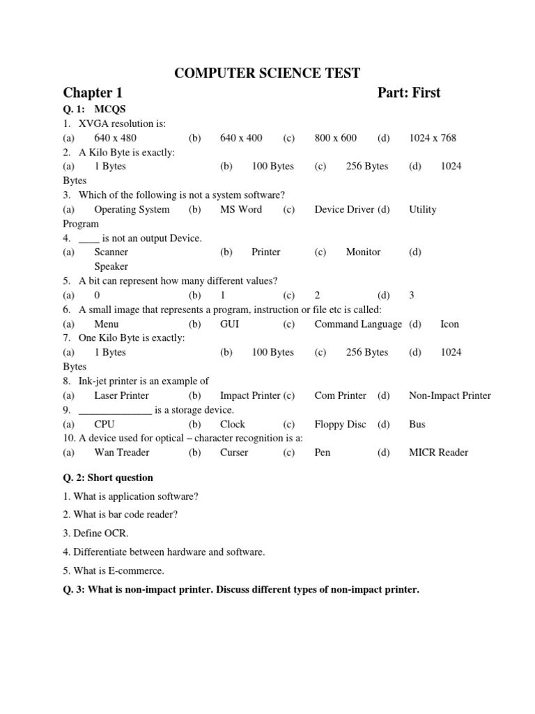 Computer Science Test Part: First: Q. 1: Mcqs | PDF | Optical Character ...