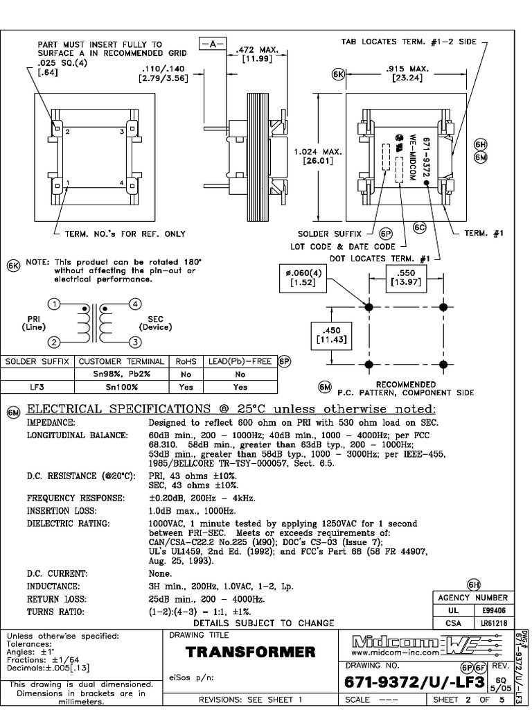 Midcom 671-9372 Transformer 600 Ohm | PDF