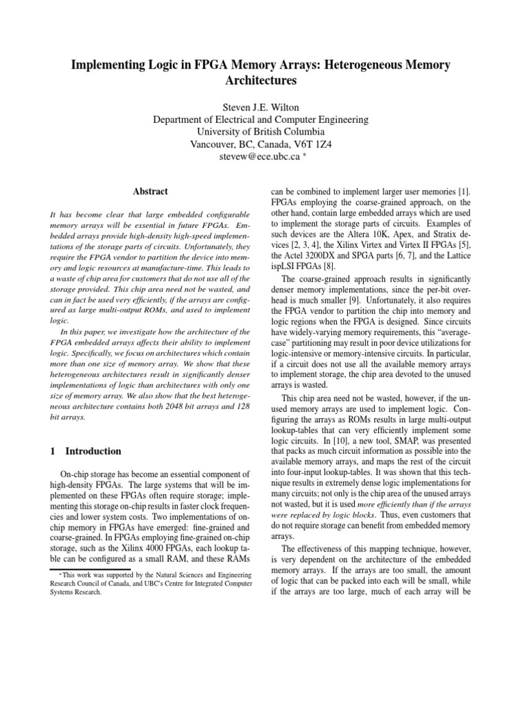 Implementing Logic in FPGA Memory Arrays: Heterogeneous Memory Architectures | PDF | Field ...