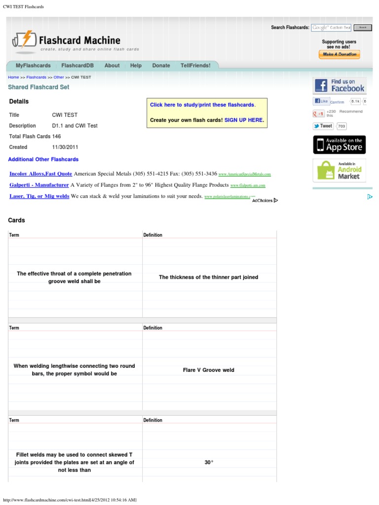 CWI TEST Flashcards PDF | Download Free PDF | Welding | Construction