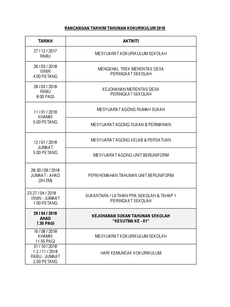 Contoh Rancangan Takwim Tahunan Kokurikulum 2018 | PDF