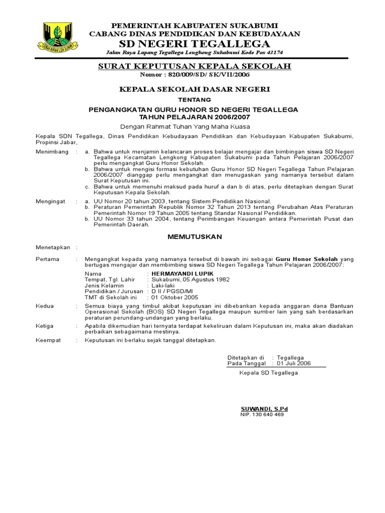 Contoh SK Pengangkatan Guru Honor | PDF