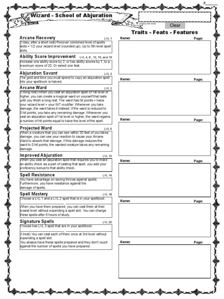 Wizard - School of Abjuration Traits - Feats - Features: Arcane ...