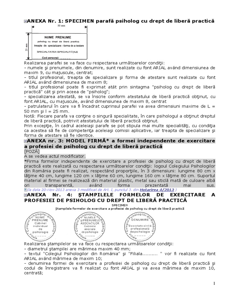 SPECIMEN Parafă Psiholog Cu Drept de Liberă Practică