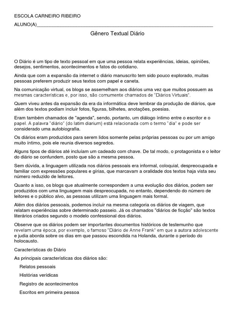 Caracterização e estrutura do gênero textual diário | PDF | Blog