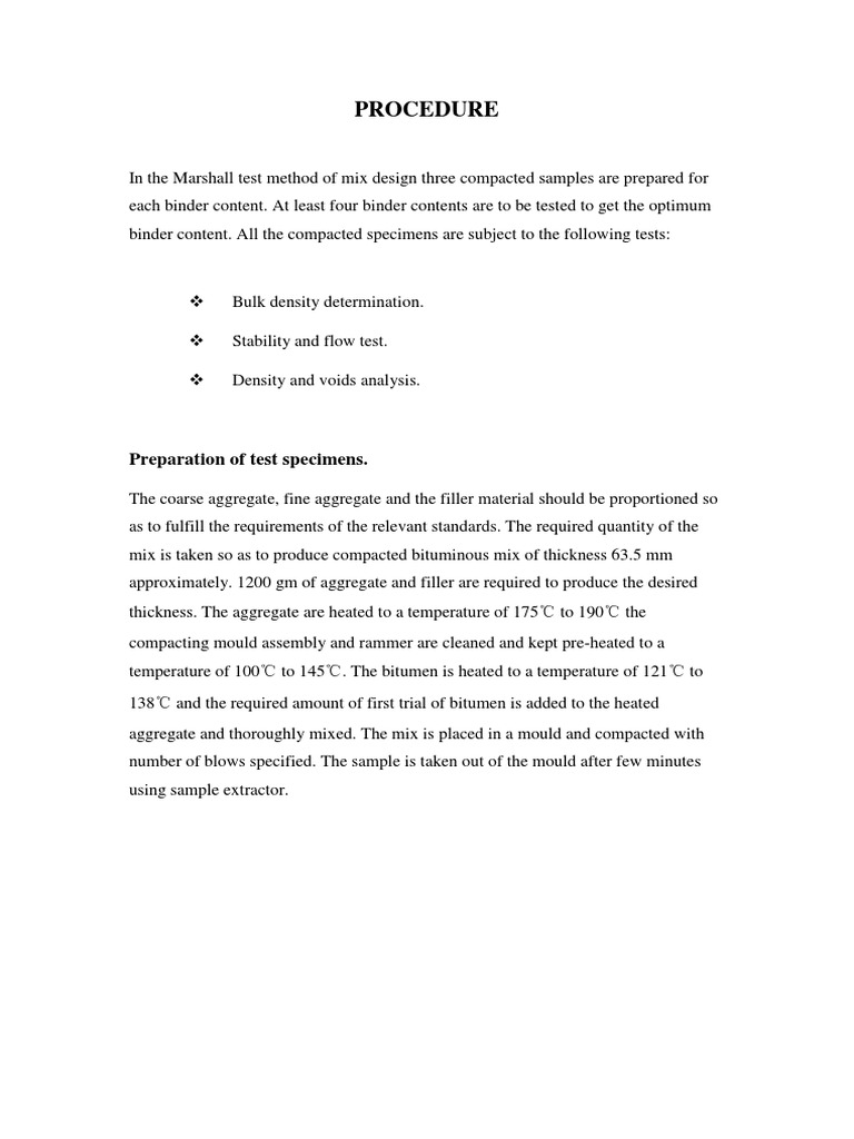 Marshall Mix Design Testing Procedure | PDF | Density | Asphalt