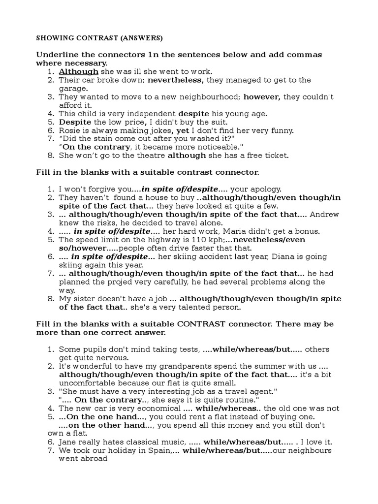 Contrast Connectors Exercises and Answers | PDF | Leisure