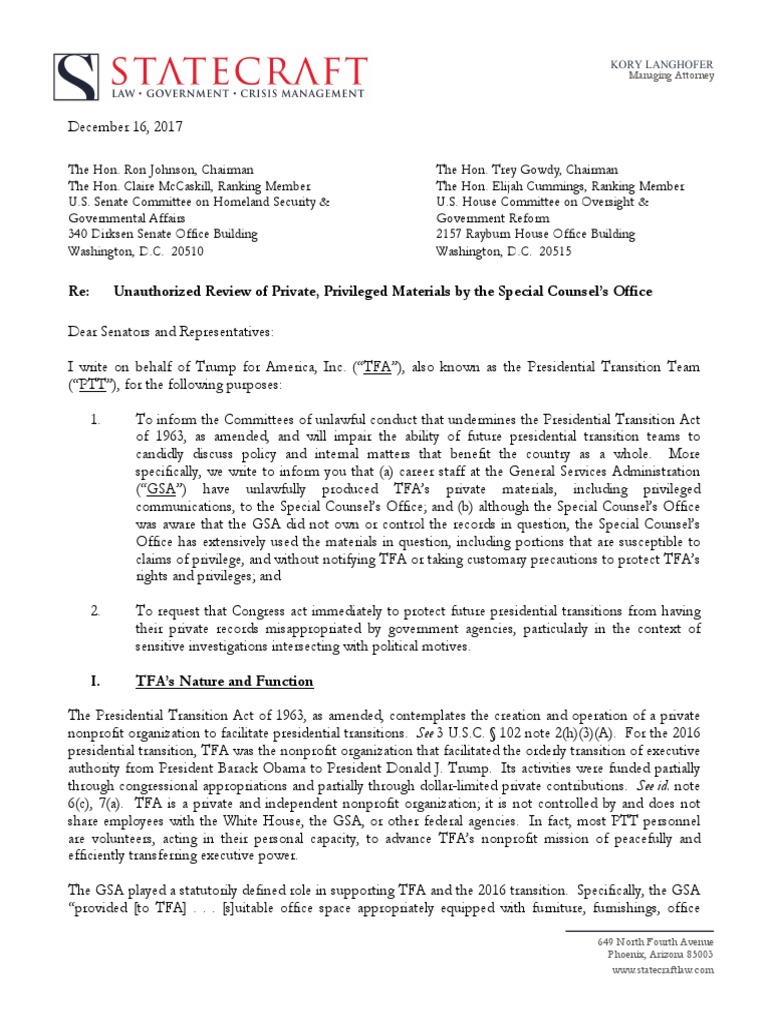 Letter to Congress | Search And Seizure | Presidential Transition Of ...