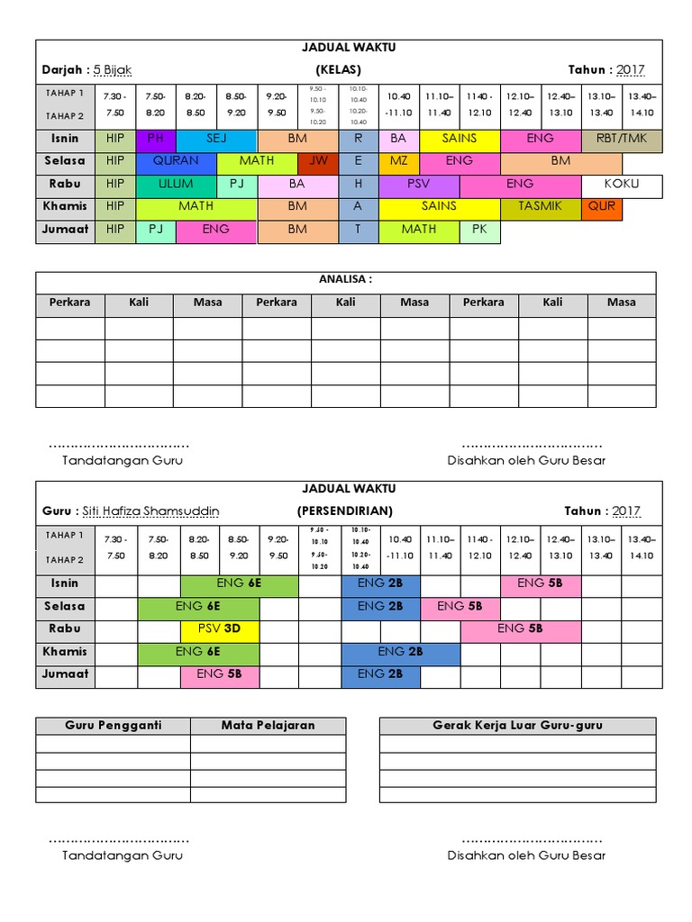 Template Jadual Waktu Kelas 2017 | PDF