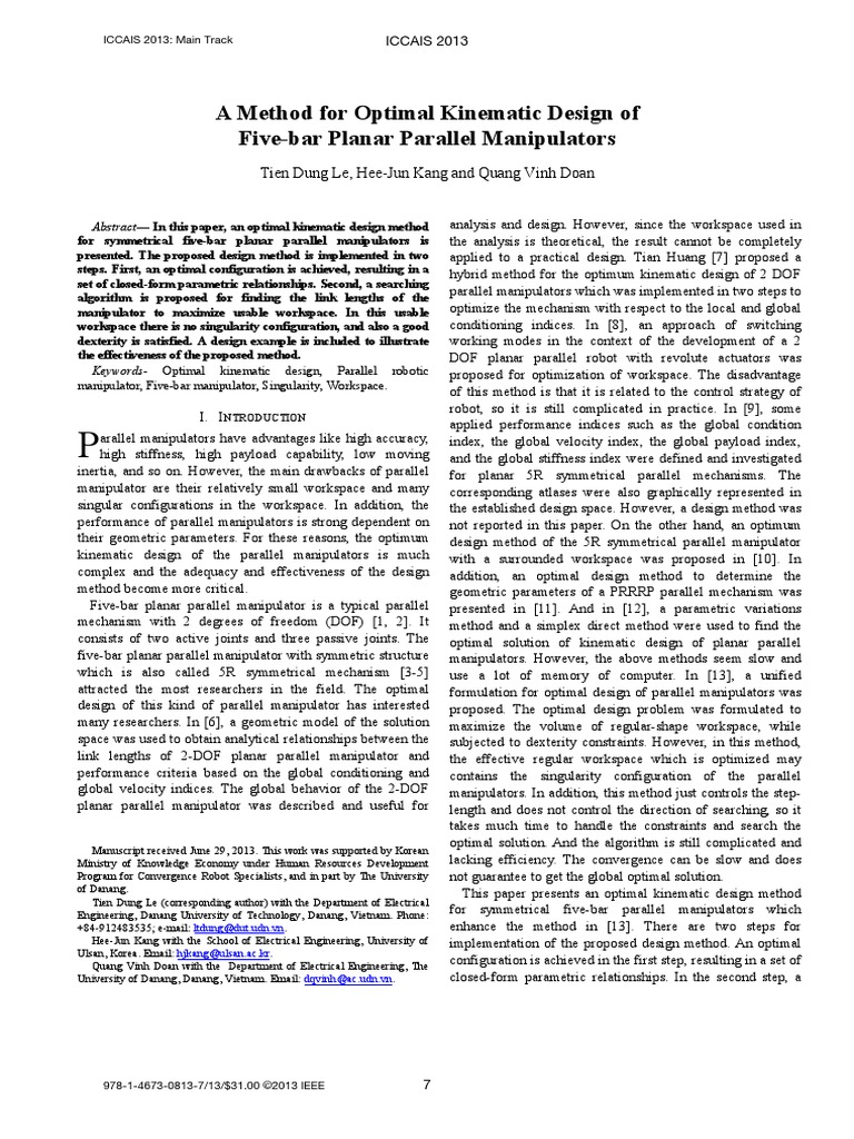 A Method For Optimal Kinematic Design Of Five Bar Planar Parallel Manipulators Proceeding