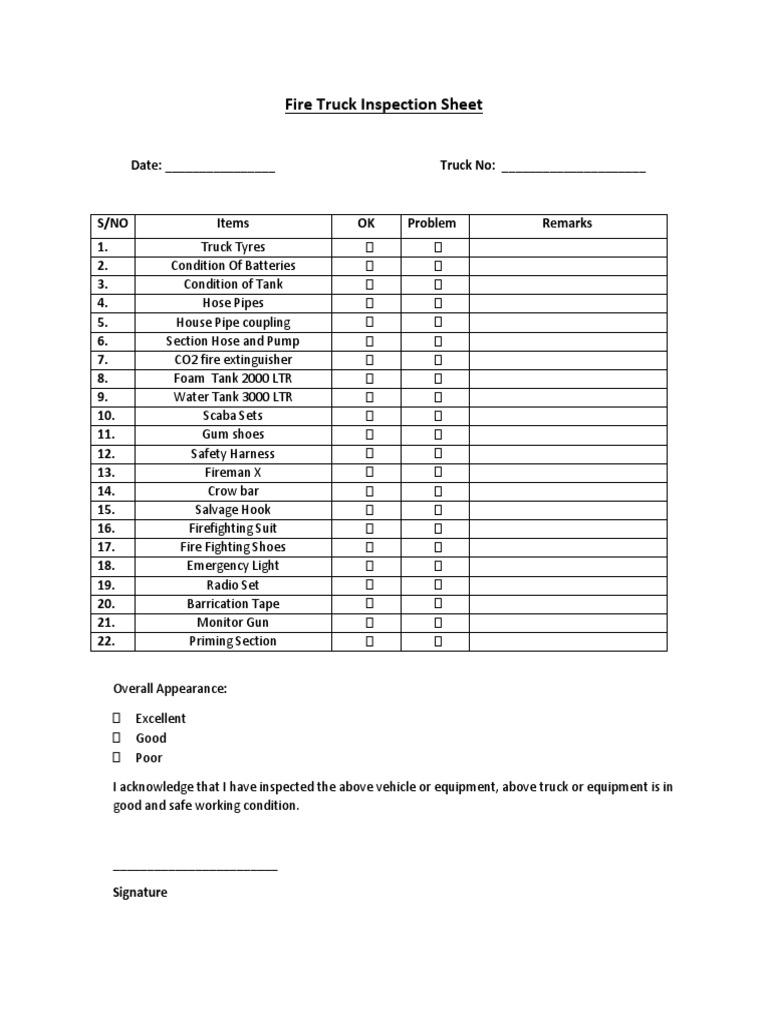 Fire Truck Inspection Sheet1 | PDF | Fire Engine | Firefighter