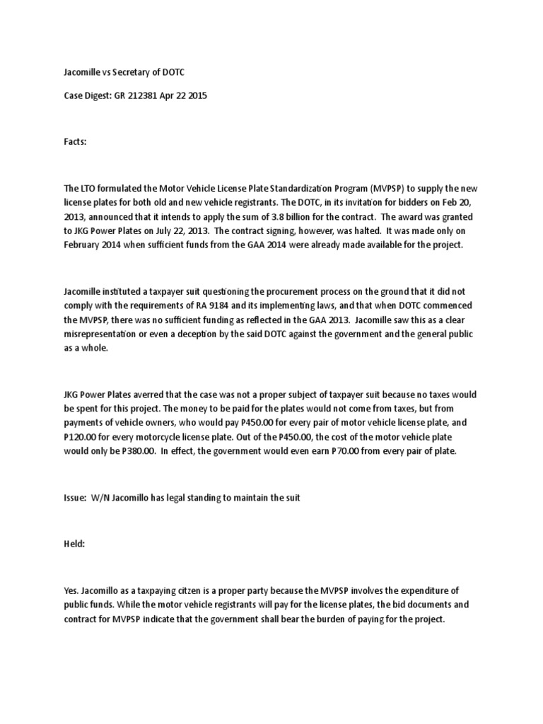 Jacomille Vs Secretary of DOTC | PDF