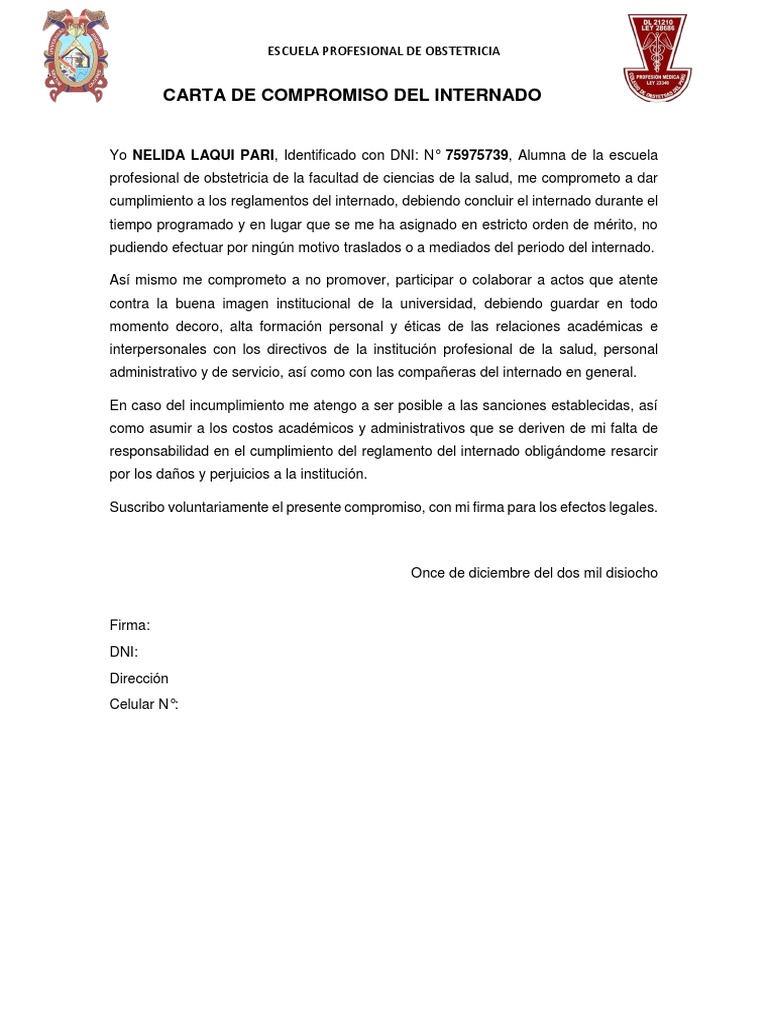 Carta de Compromiso Del Internado | PDF | Relaciones personales, crianza y desarrollo personal