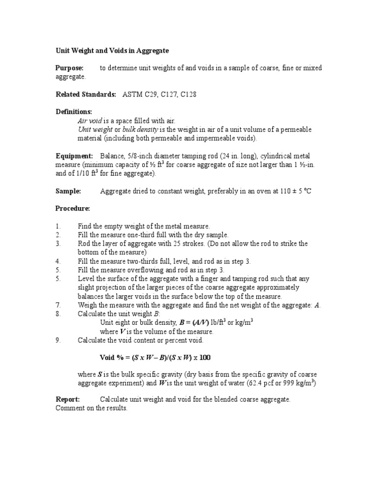 Unit Weight and Voids in Aggregate | PDF
