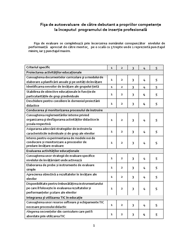 Fisa Autoevaluare Debutant | PDF
