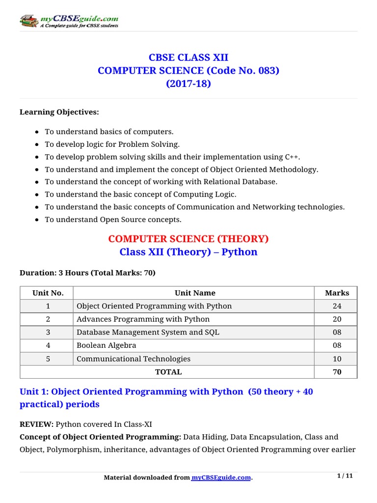 12 Computer Science Syllabus 2017 Pdf Constructor Object Oriented Programming Programming