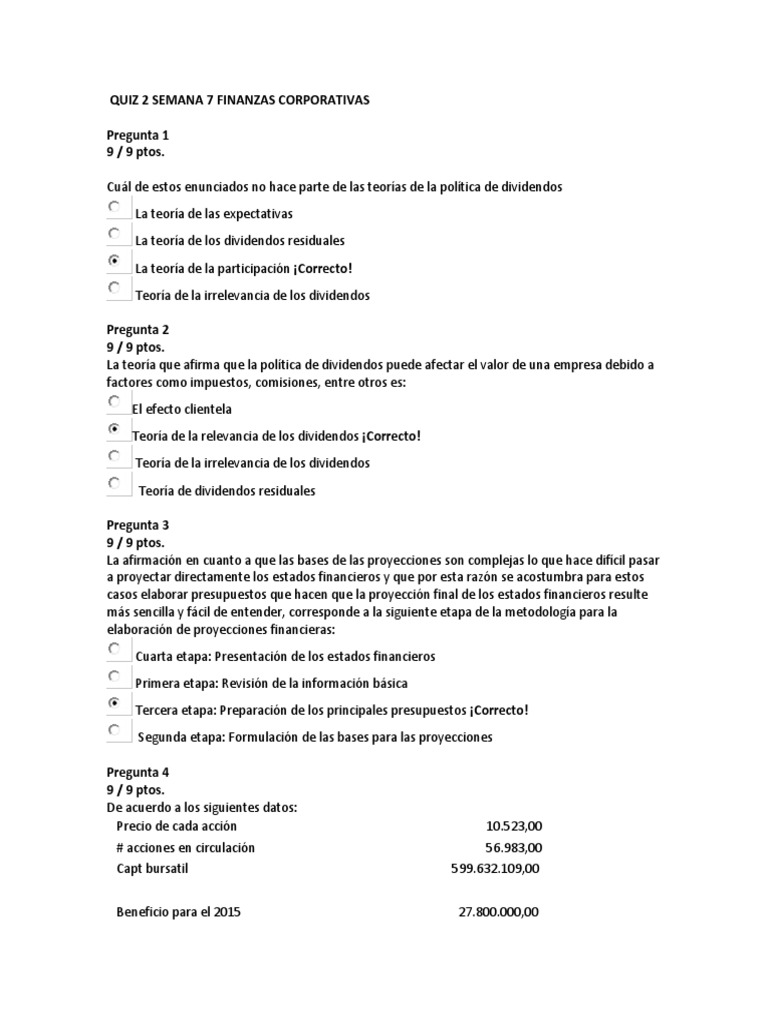 Quiz 2 Semana 7 Finanzas Corporativas | PDF | Dividendo | Compartir ...