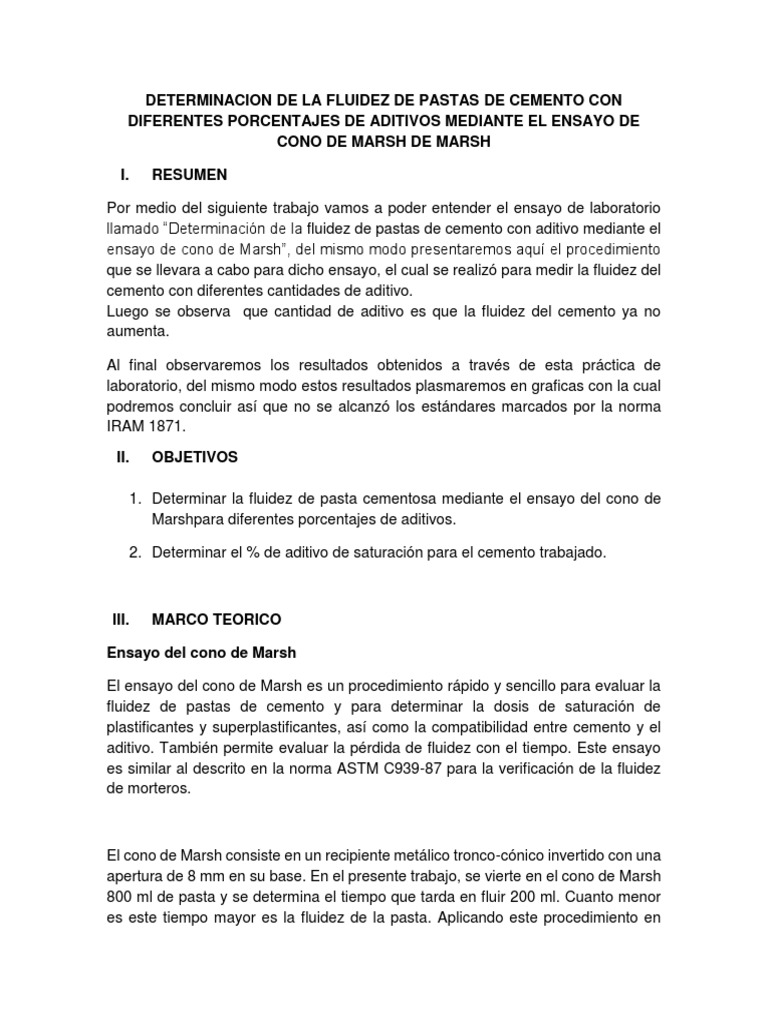 Fluidez de Cemento con Cono de Marsh | PDF | Hormigón | Material compuesto