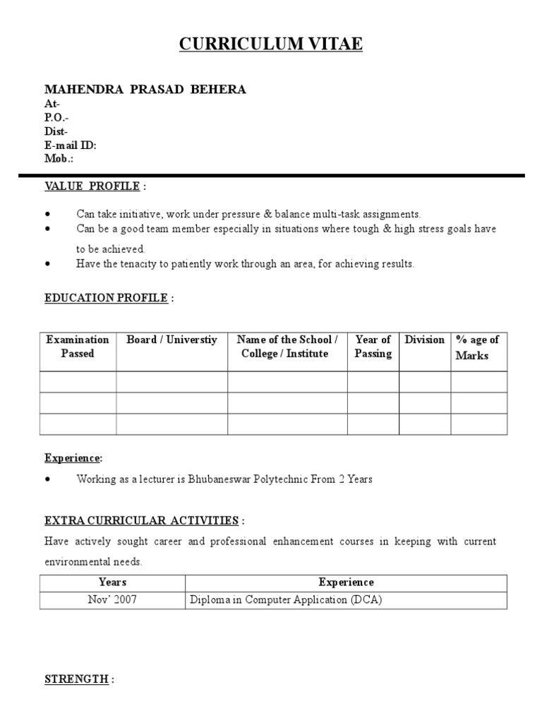 Curriculum Vitae: Mahendra Prasad Behera | PDF | Curriculum | Cognition