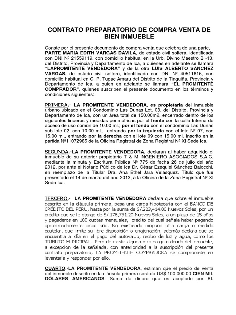 Contrato Preparatorio de Compra Venta de Bien Inmueble | PDF | Cheque | Bancos