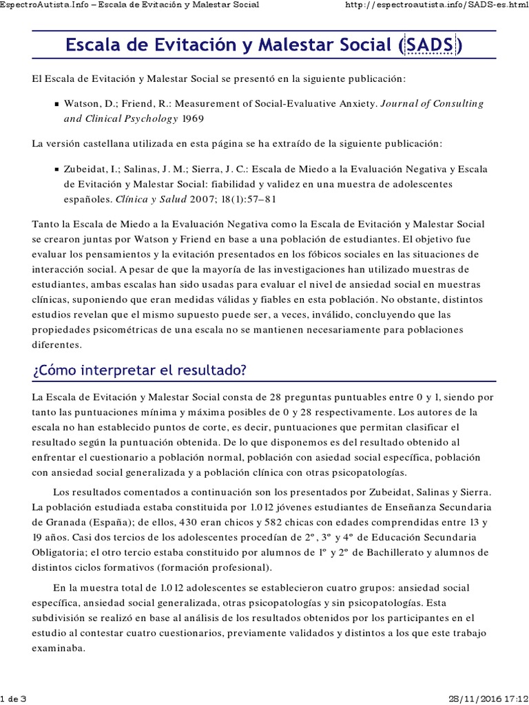 Escala de Evitación y Malestar Social (SADS)