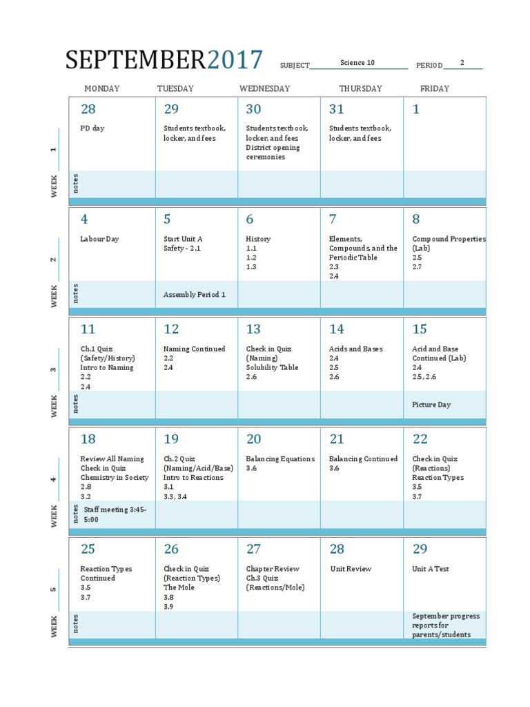 Semester Calendar Science 10 2017 | PDF | Chemical Reactions | Physics
