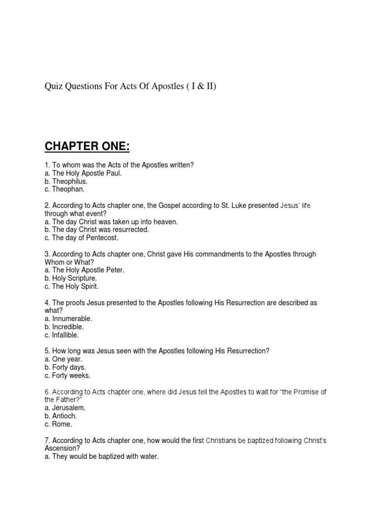 Quiz Questions For Acts of Apostles (I & II) | PDF | Acts Of The ...