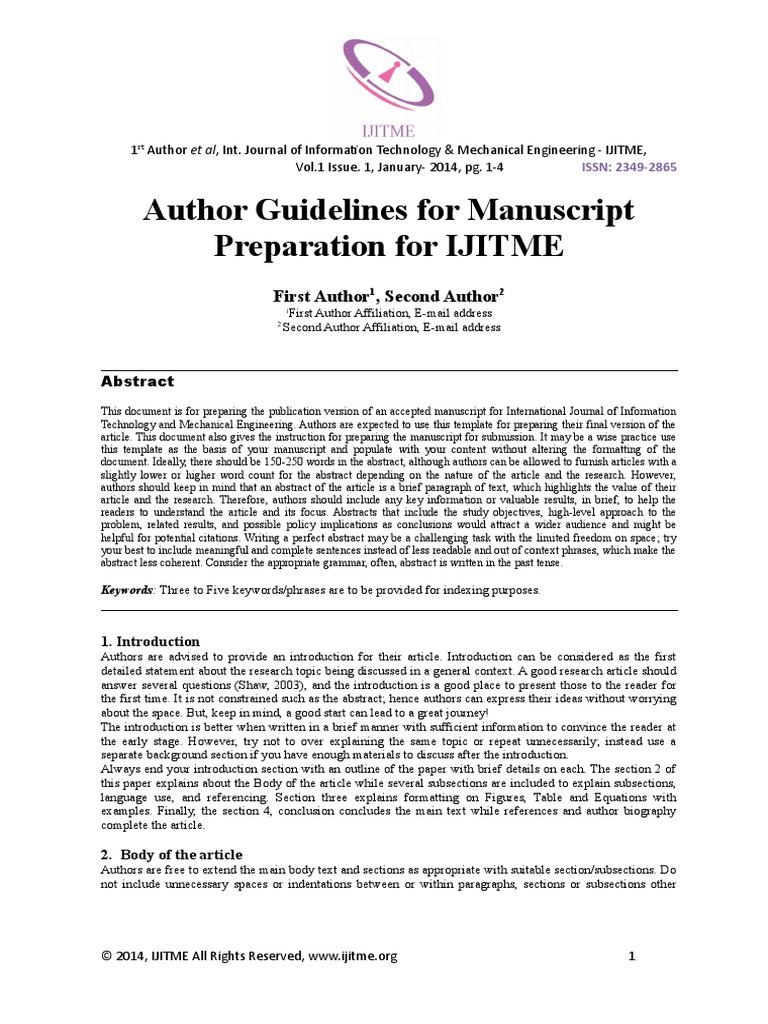 Author Guidelines For Manuscript Preparation For IJITME: First Author, Second Author | Download ...