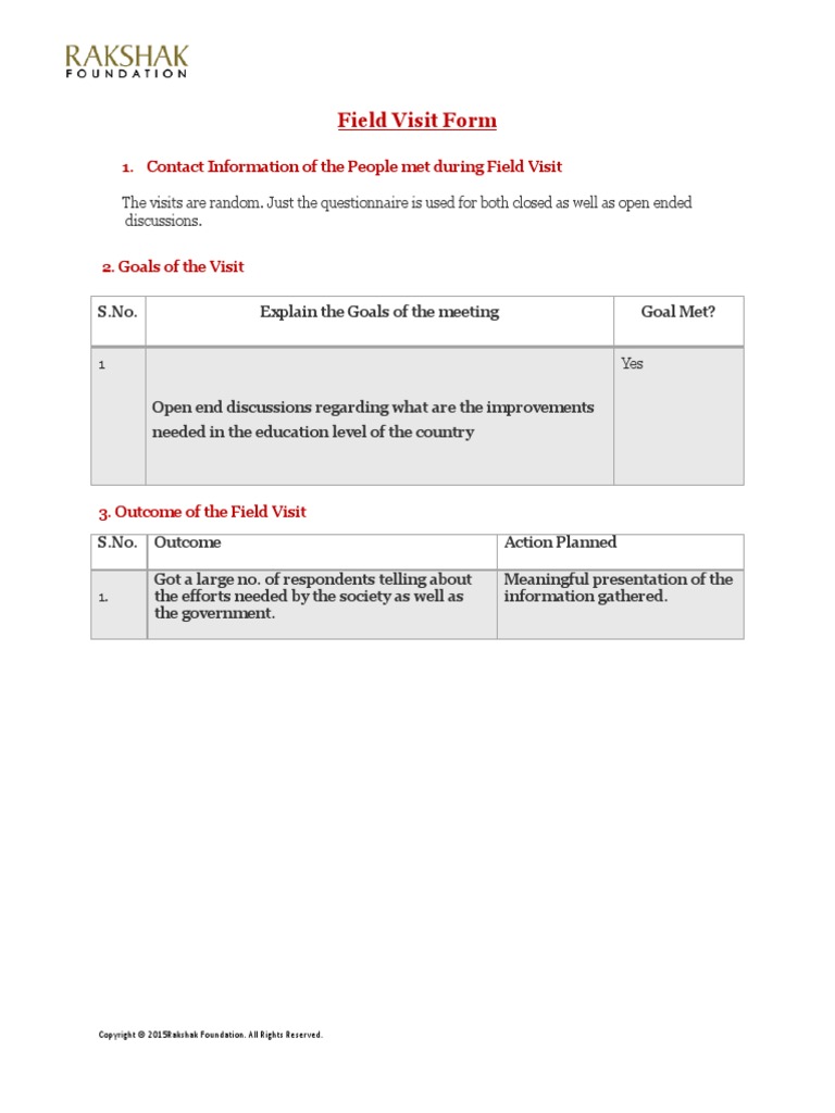 Field Visit Form: 1. Contact Information of The People Met During Field ...