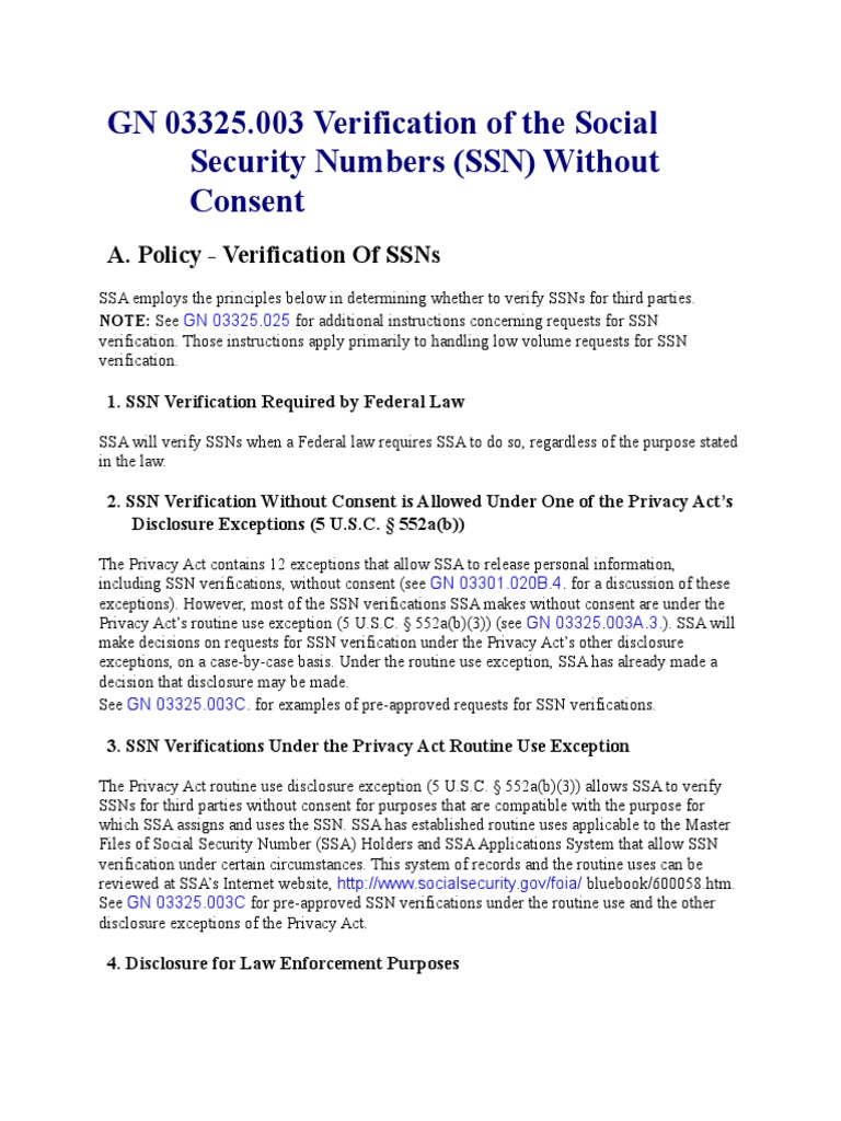 GN 03325 Verification of SSN | PDF | Social Security Number | Government