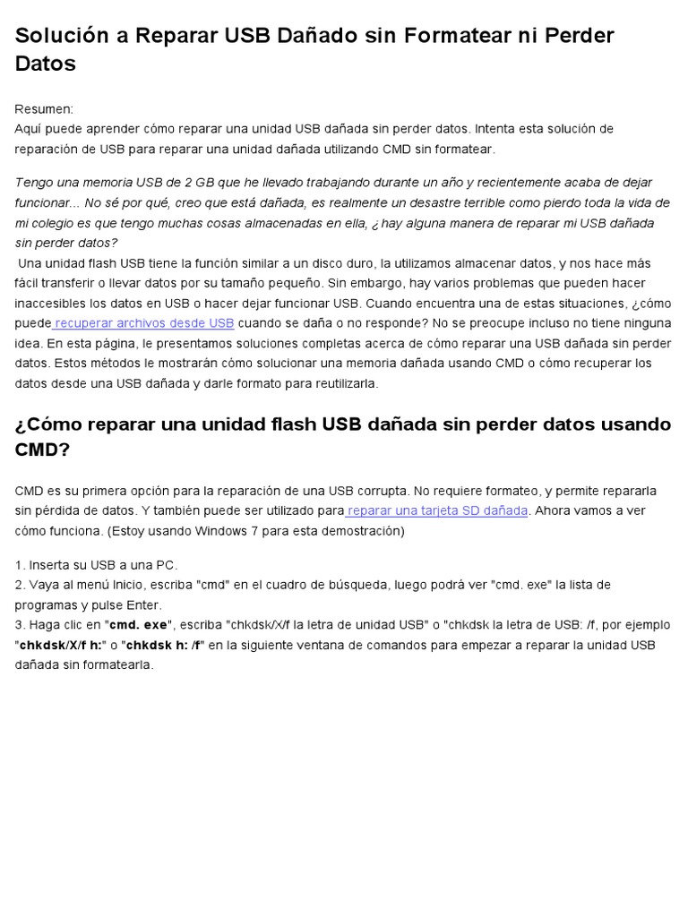 Solución A Reparar USB Dañado Sin Formatear Ni Perder Datos | PDF ...