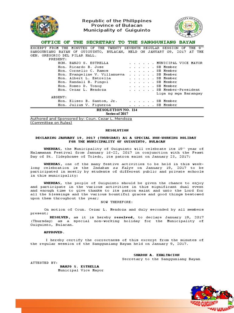 Resolution No.114-S-2017 - Jan. 19, 2017 Declaration of Non-Working ...