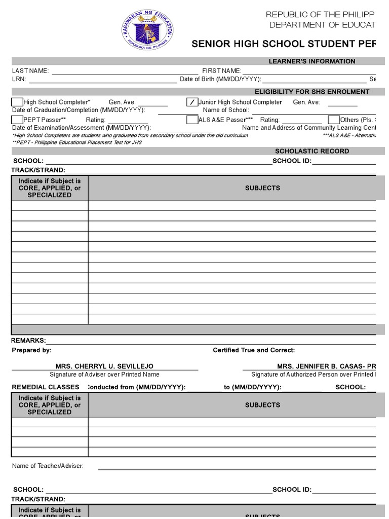 SHS Form 137 | PDF | Science | Quality Of Life