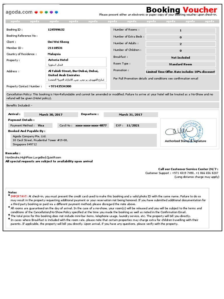 Confirmation For Booking ID # 124599632 Check-In March 30 2017 PDF ...