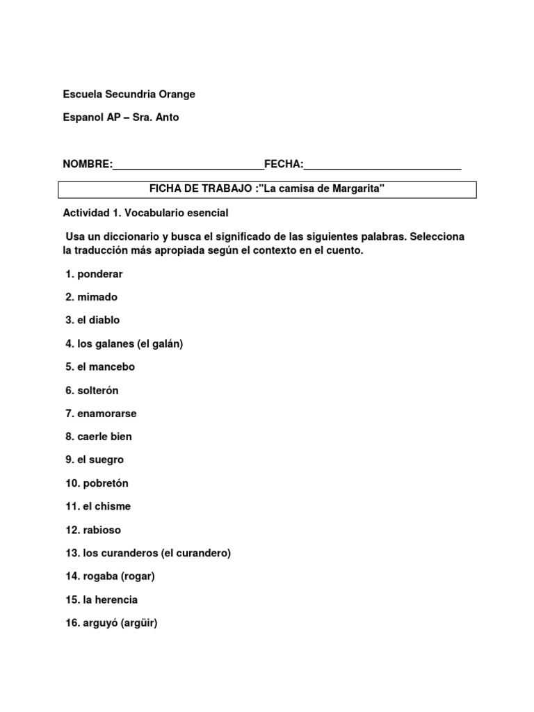 Actividades sobre "La camisa de Margarita" | PDF | Artes del Lenguaje y ...