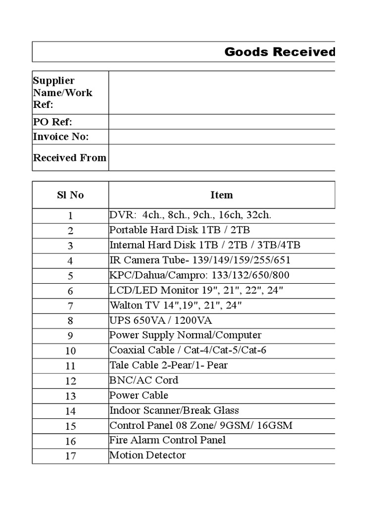 Supplier Name/Work Ref:: Goods Received Note | PDF