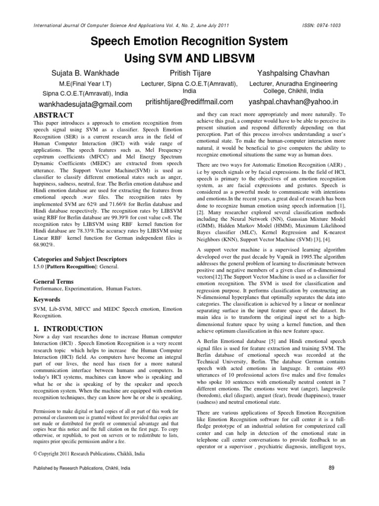 Speech Emotion Recognition System Using SVM AND LIBSVM | PDF | Support Vector Machine | Speech