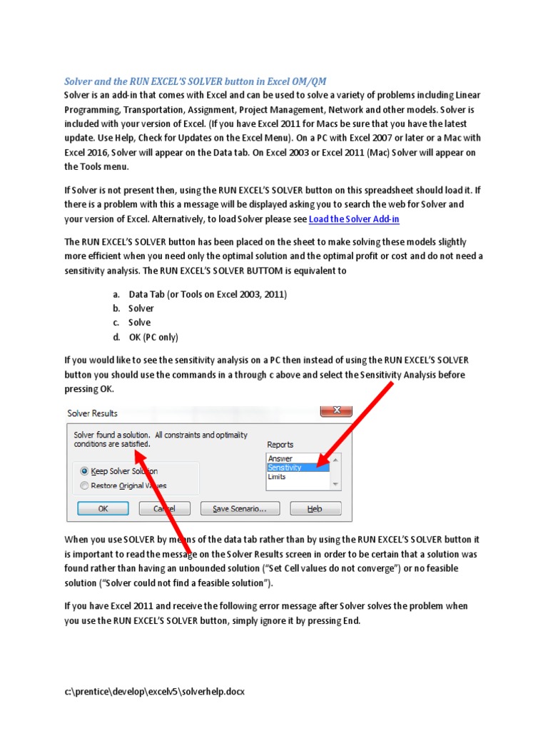 Solver and The RUN EXCEL'S SOLVER Button in Excel OM/QM | PDF