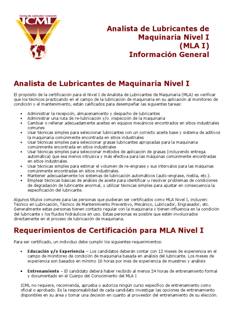 MLA I Information Spanish | Descargar gratis PDF | Lubricante | Prueba ...
