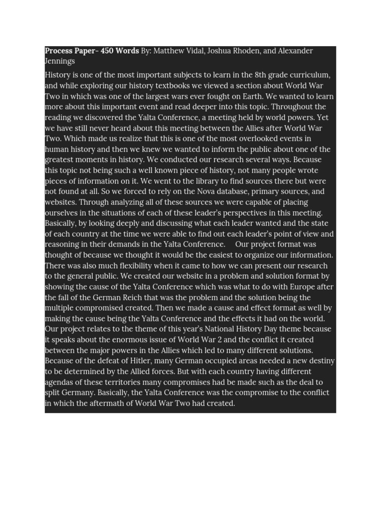 Process Paper - 450 Words By: Matthew Vidal, Joshua Rhoden, and ...