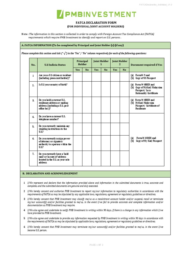 FATCA Declaration Form for Individuals | PDF | Irs Tax Forms | Passport